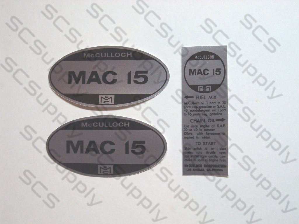 McCulloch MAC 15 (US model)(yellow tank) silver decal set – Sugar Creek ...
